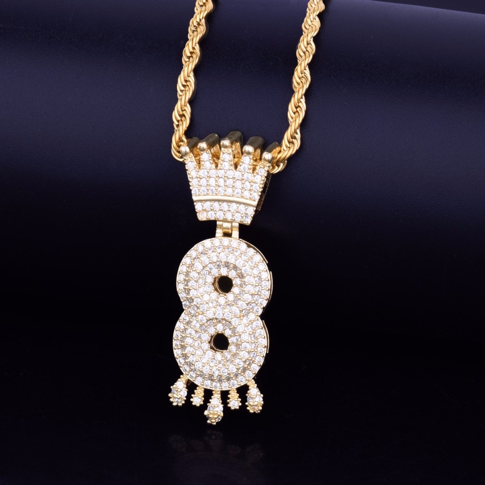 Custom Crown Drip Bubble Number Chain Necklaces & Pendant Hip Hop ...